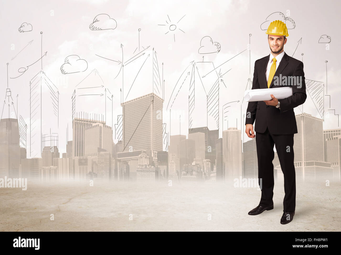 Business engineer planing at construction site with city background ...