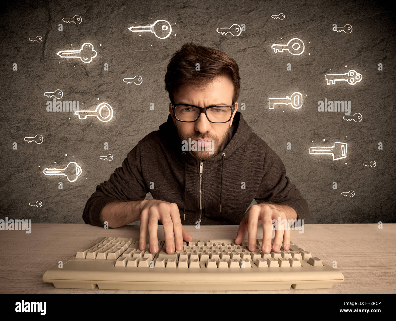 Hacker nerd guy with drawn password keys Stock Photo - Alamy