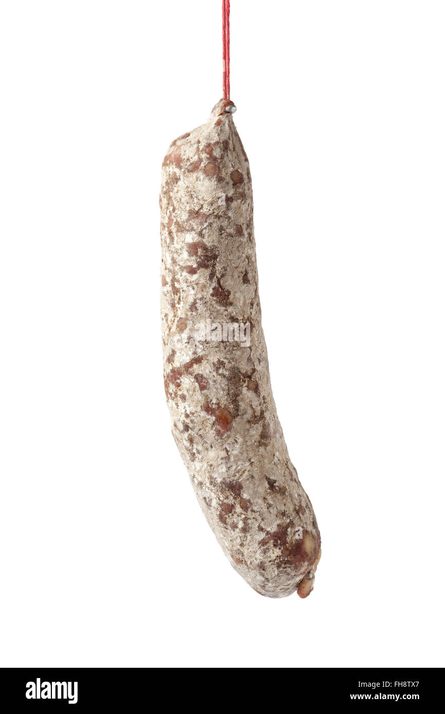 French Sausage hanging on a string on white background Stock Photo - Alamy