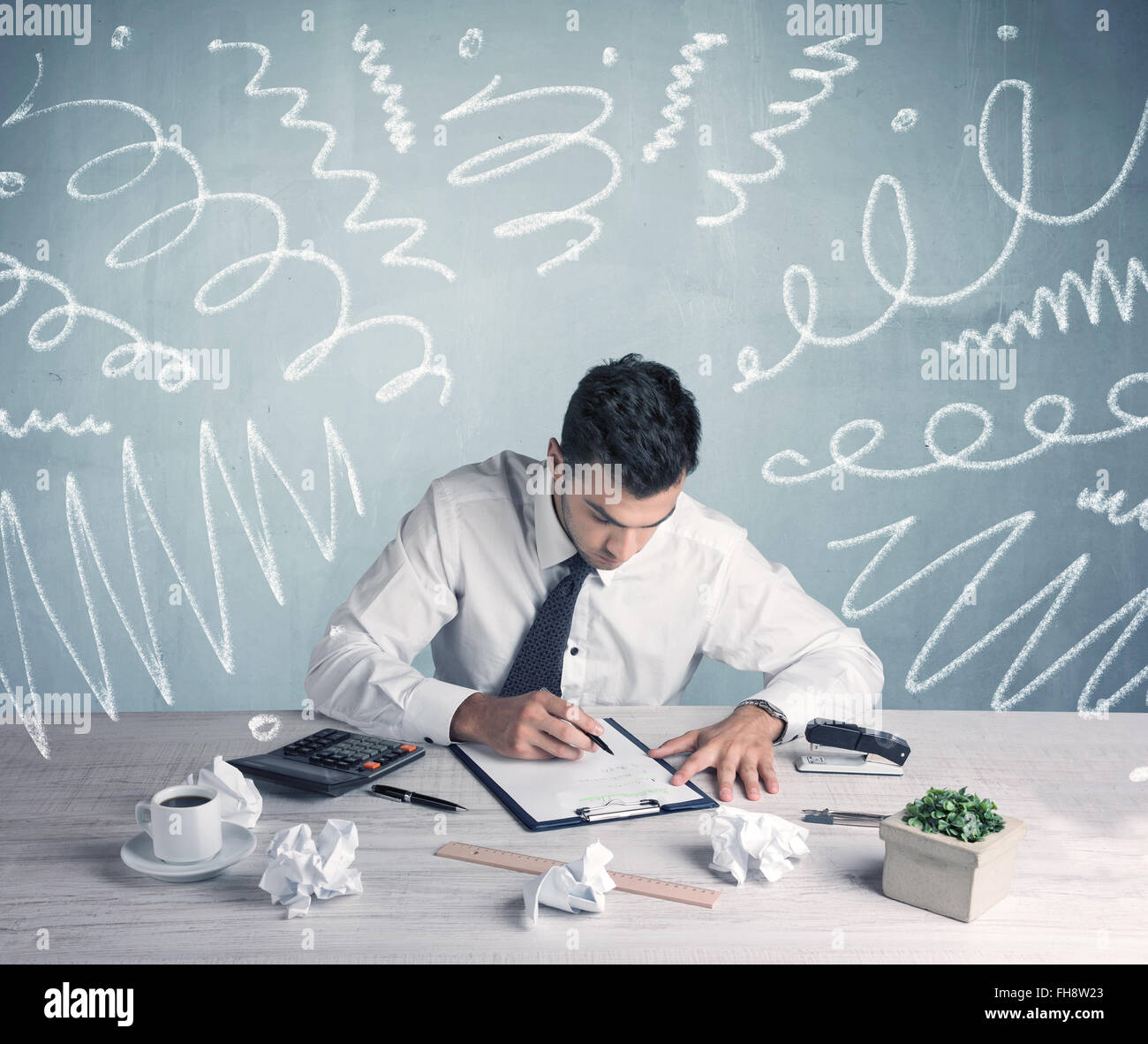 Tired office worker with drawn messy lines Stock Photo - Alamy
