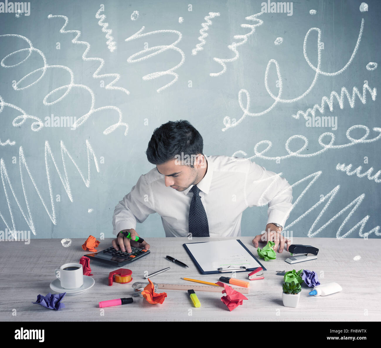 Tired office worker with drawn messy lines Stock Photo - Alamy