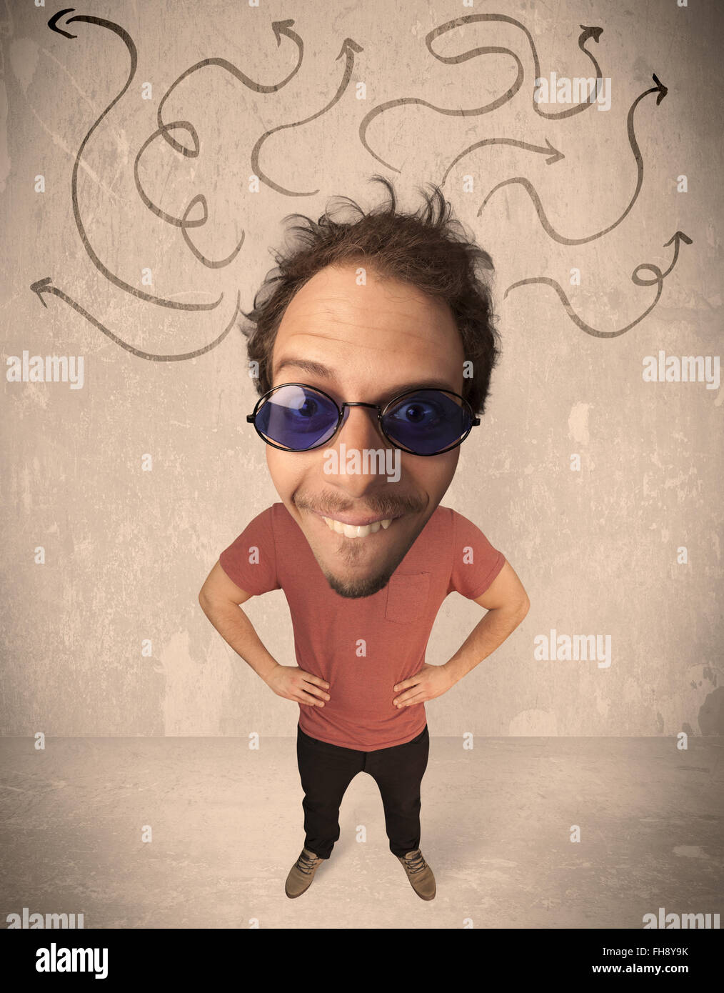 Big head person with arrows Stock Photo - Alamy
