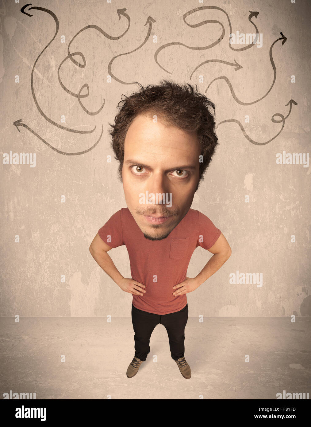 Big head person with arrows Stock Photo - Alamy
