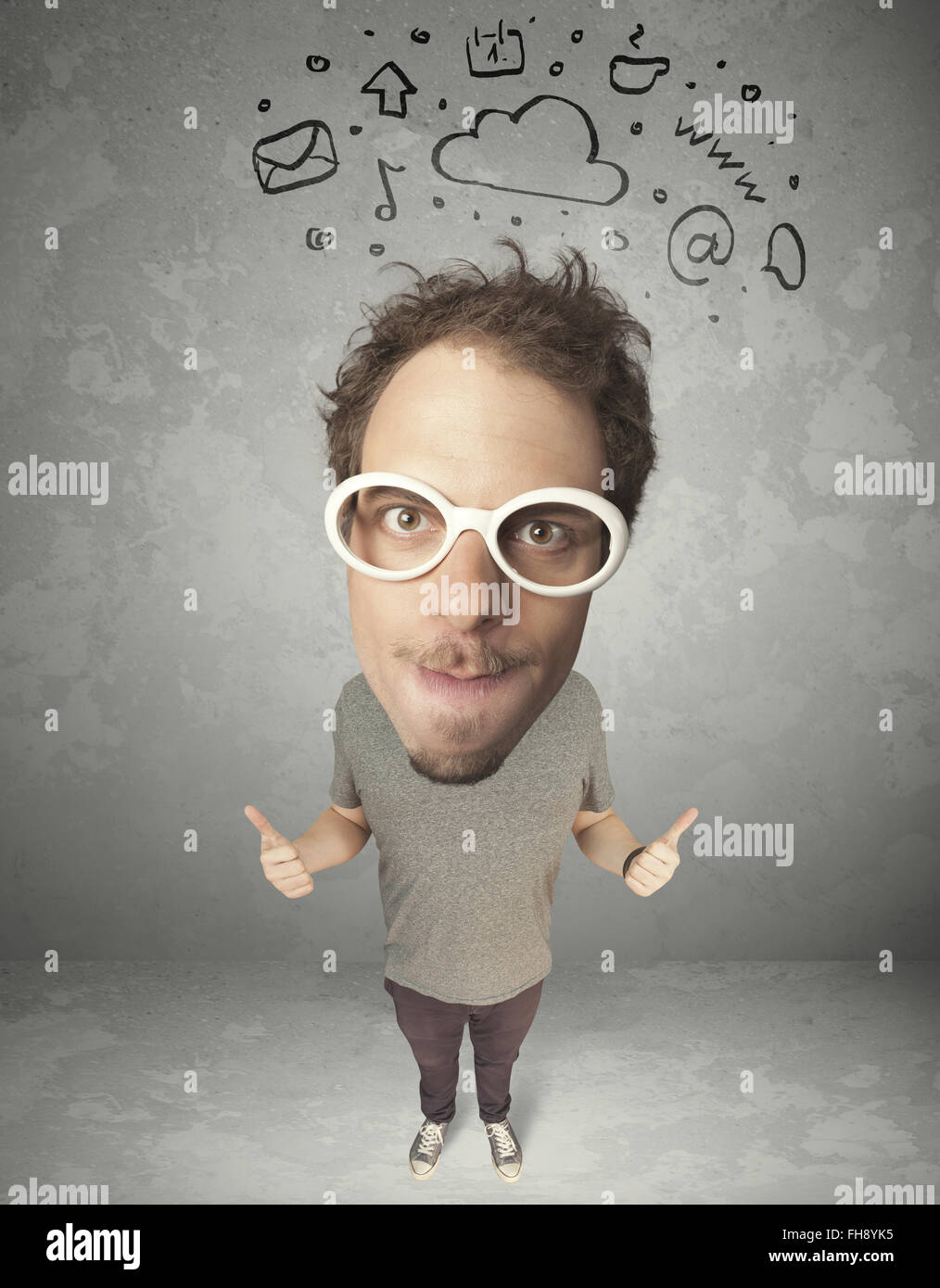 Big head person with social media marks Stock Photo - Alamy