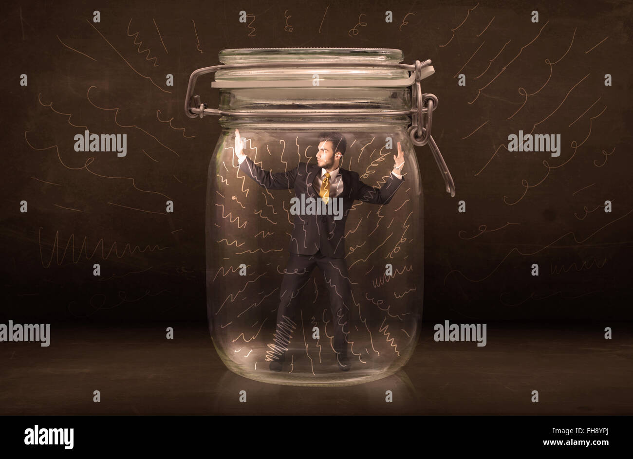 Businessman inside a jar with powerful hand drawn lines concept Stock ...