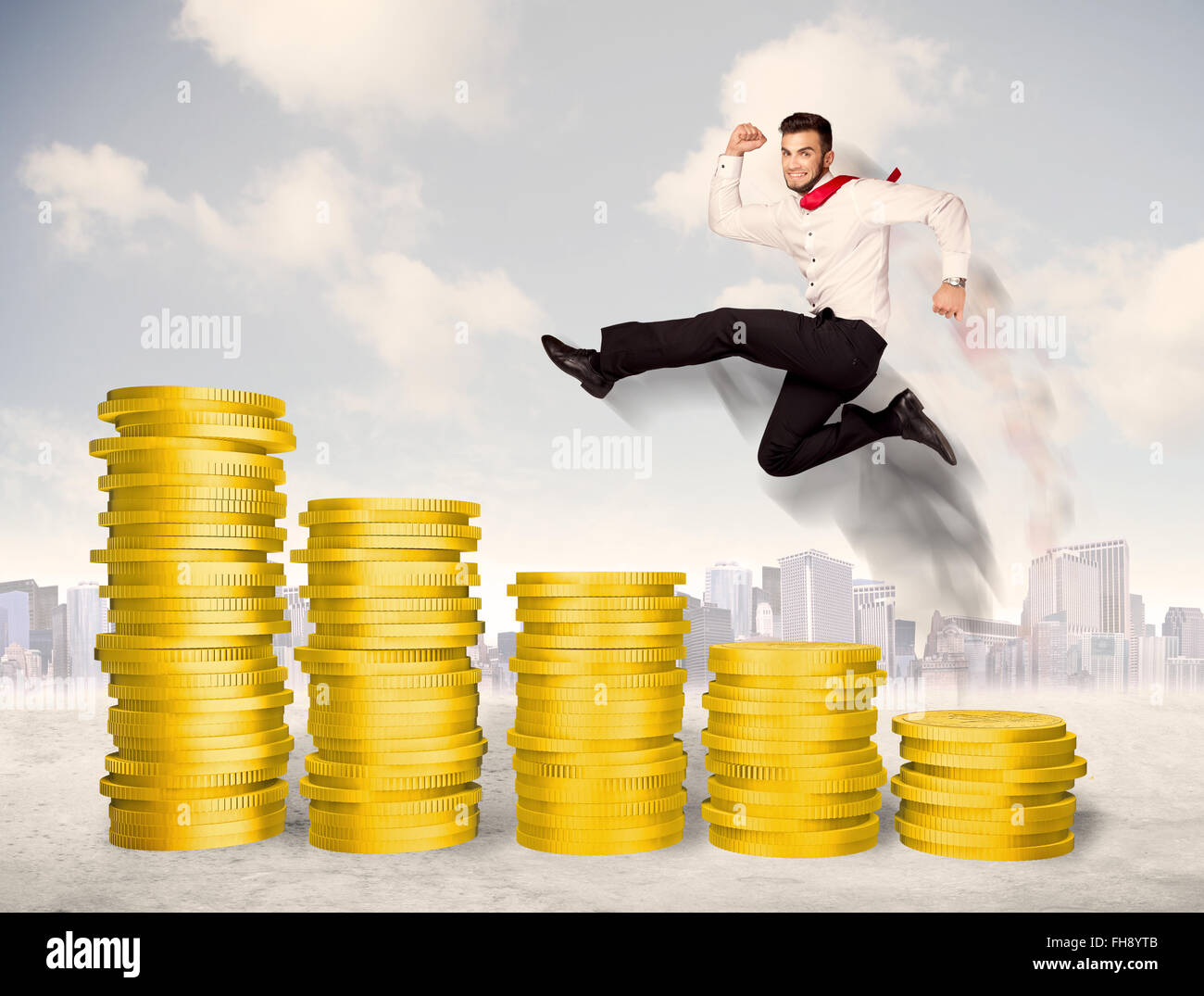 Successful business man jumping up on gold coin money Stock Photo - Alamy