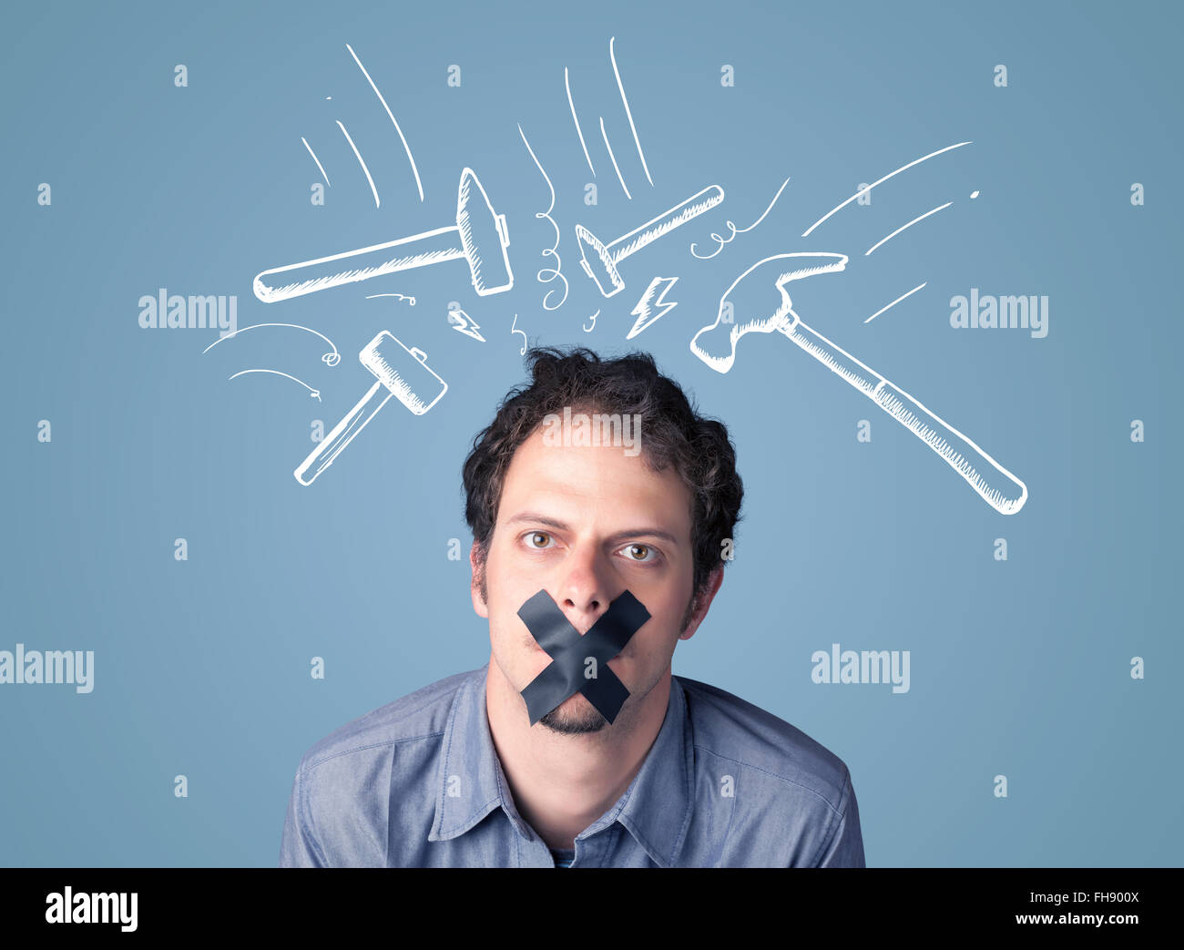 Young man with glued mouth and beating hammer marks Stock Photo - Alamy