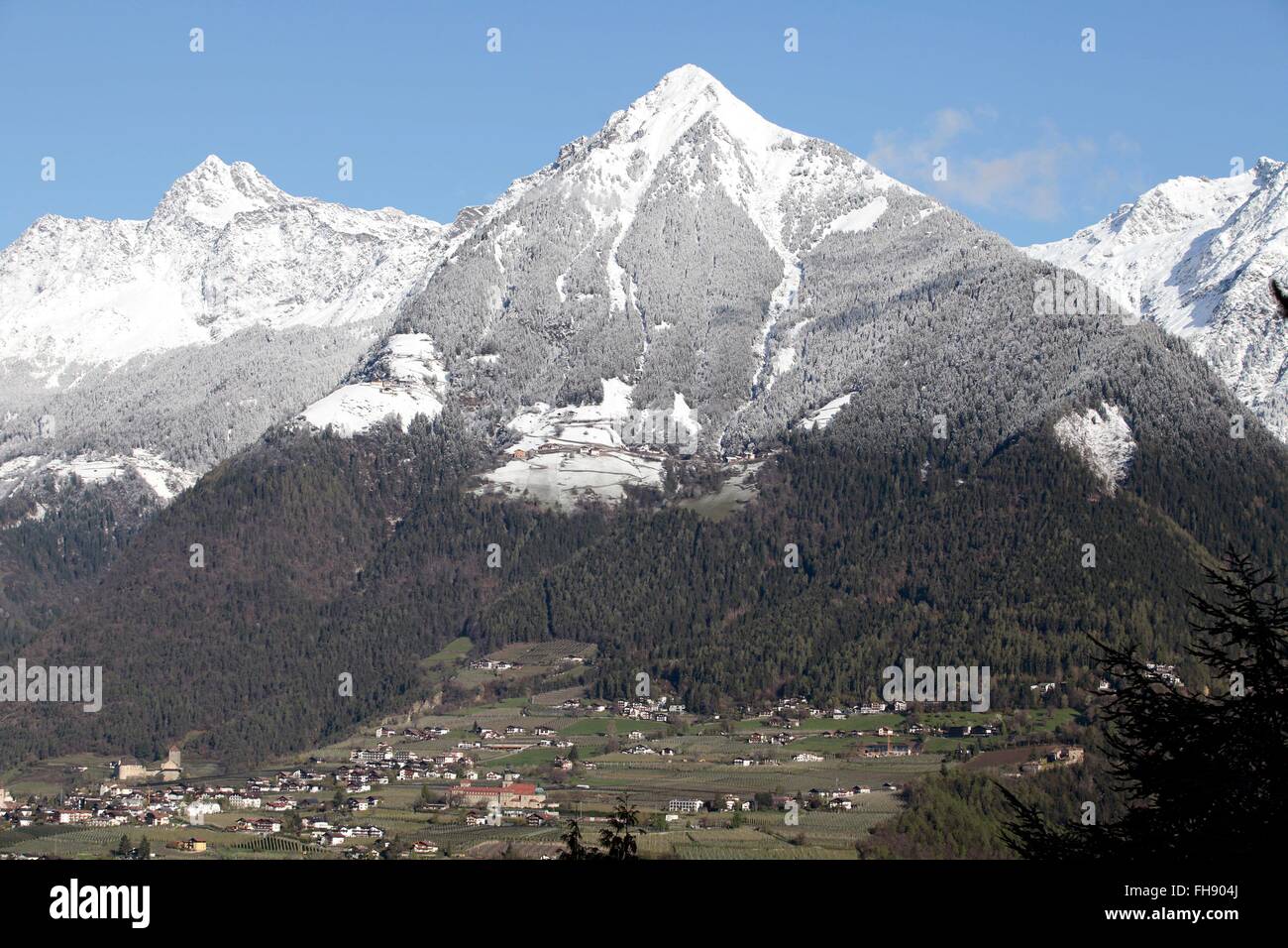 View from Schenna to the Mutspitze in the middle. The Mutspitze is the ...