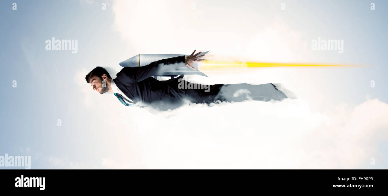 Business man flying like a superhero in clouds on the sky Stock Photo ...