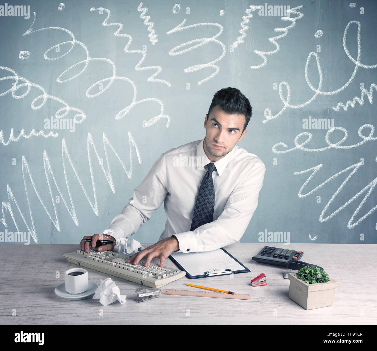 Tired office worker with drawn messy lines Stock Photo - Alamy