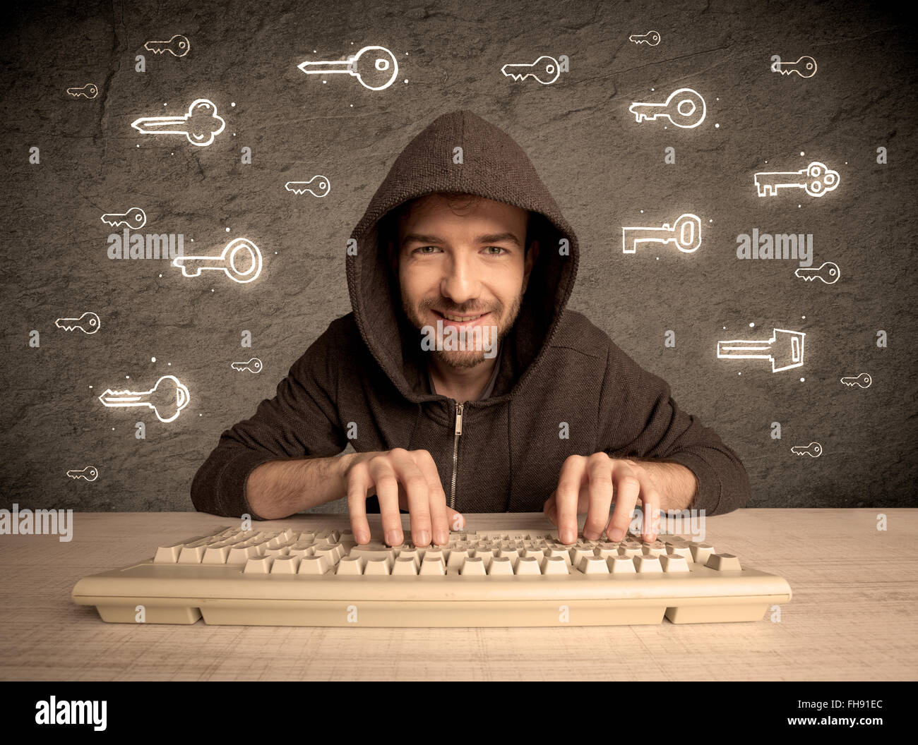 Hacker nerd guy with drawn password keys Stock Photo - Alamy