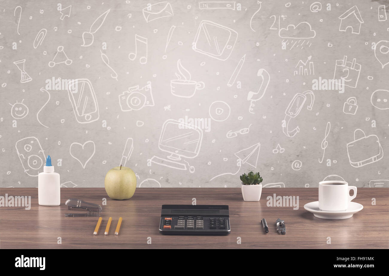 Design office desk with drawings background Stock Photo - Alamy