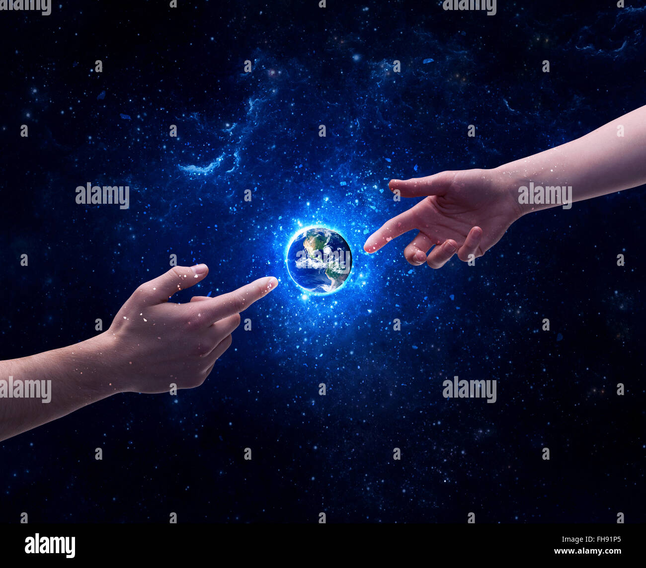 Hands in space touching planet earth Stock Photo - Alamy