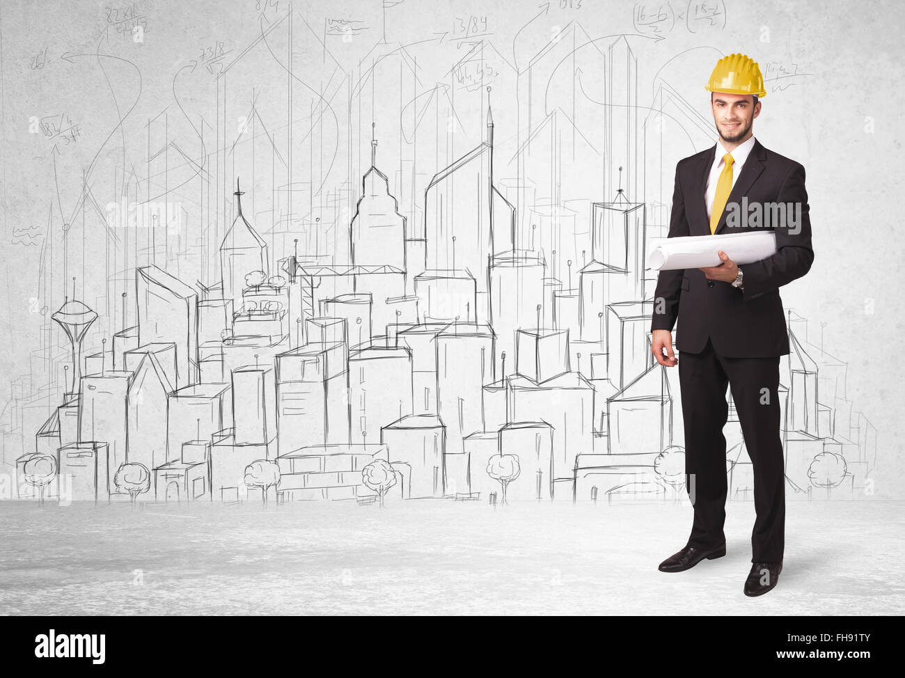 Construction worker with cityscape background Stock Photo - Alamy