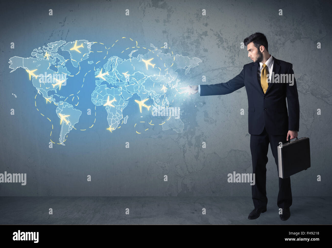 Business person showing digital map with planes around the world Stock ...