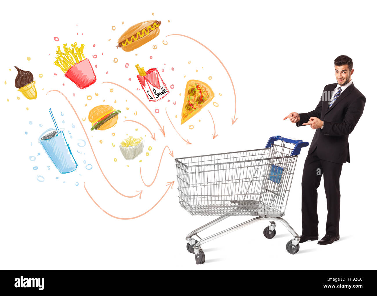 Man with shopping cart with toxic junk food Stock Photo - Alamy