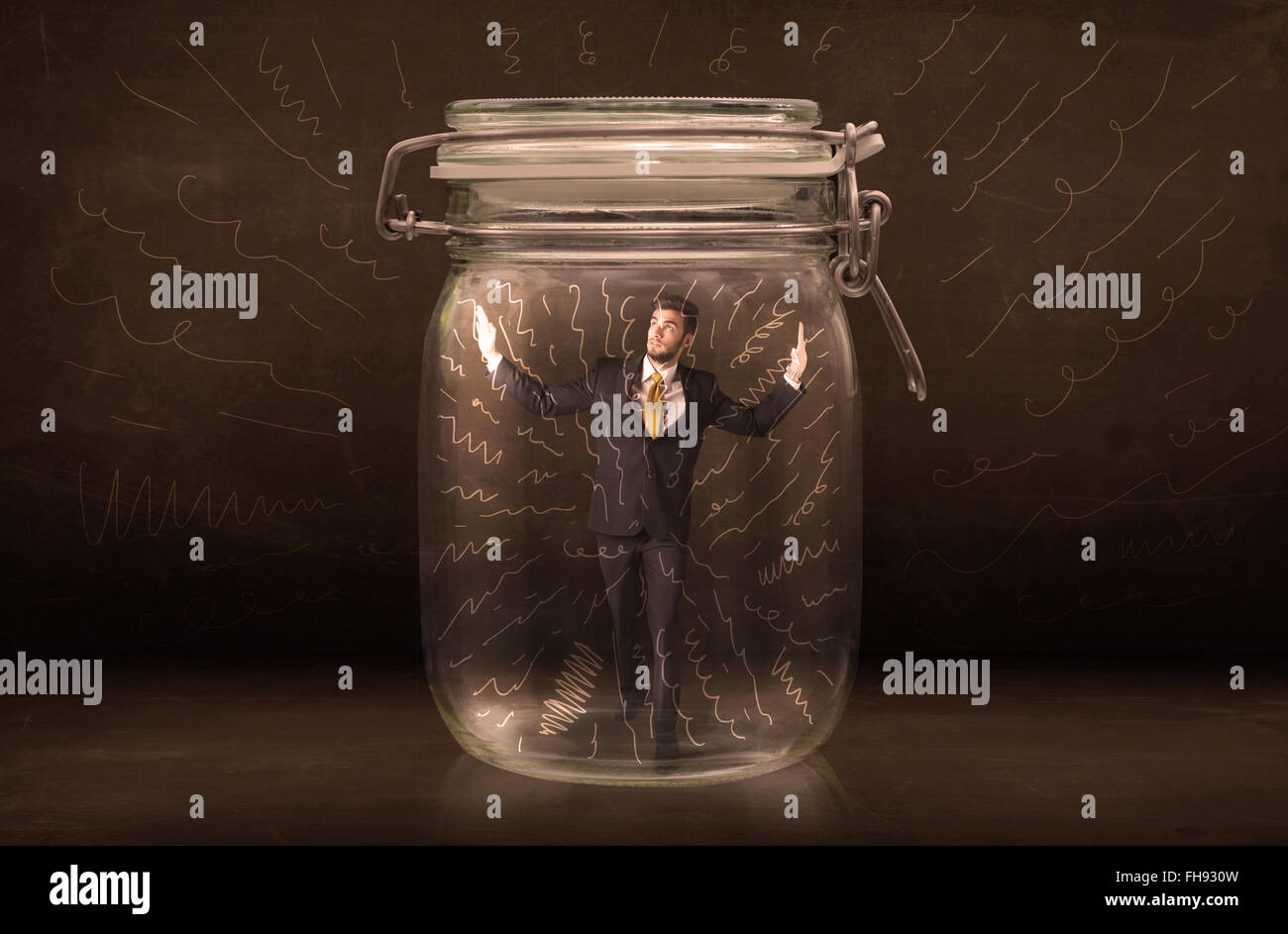 Businessman inside a jar with powerful hand drawn lines concept Stock ...