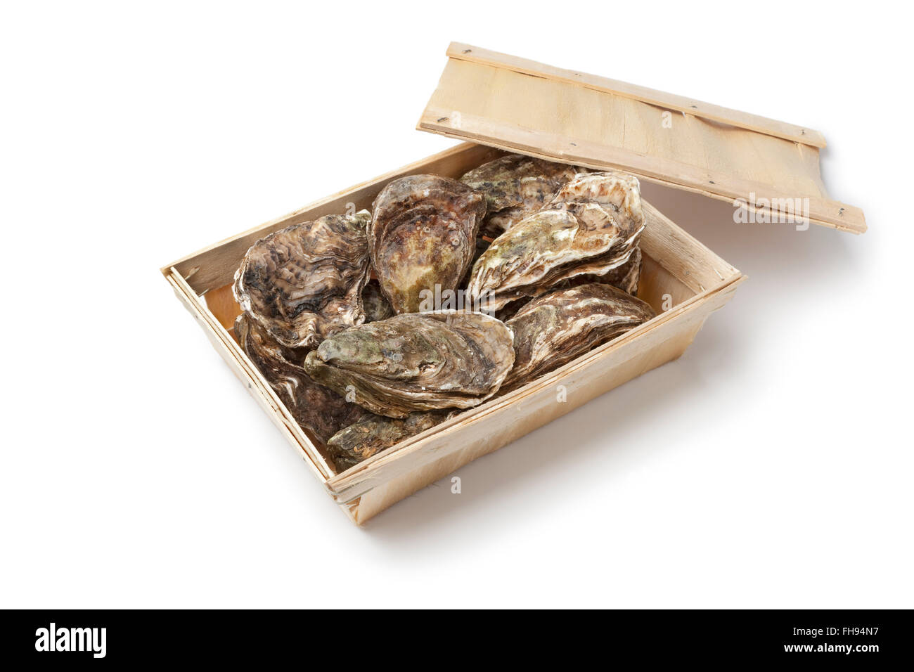 Fresh raw oysters in a box on white background Stock Photo - Alamy