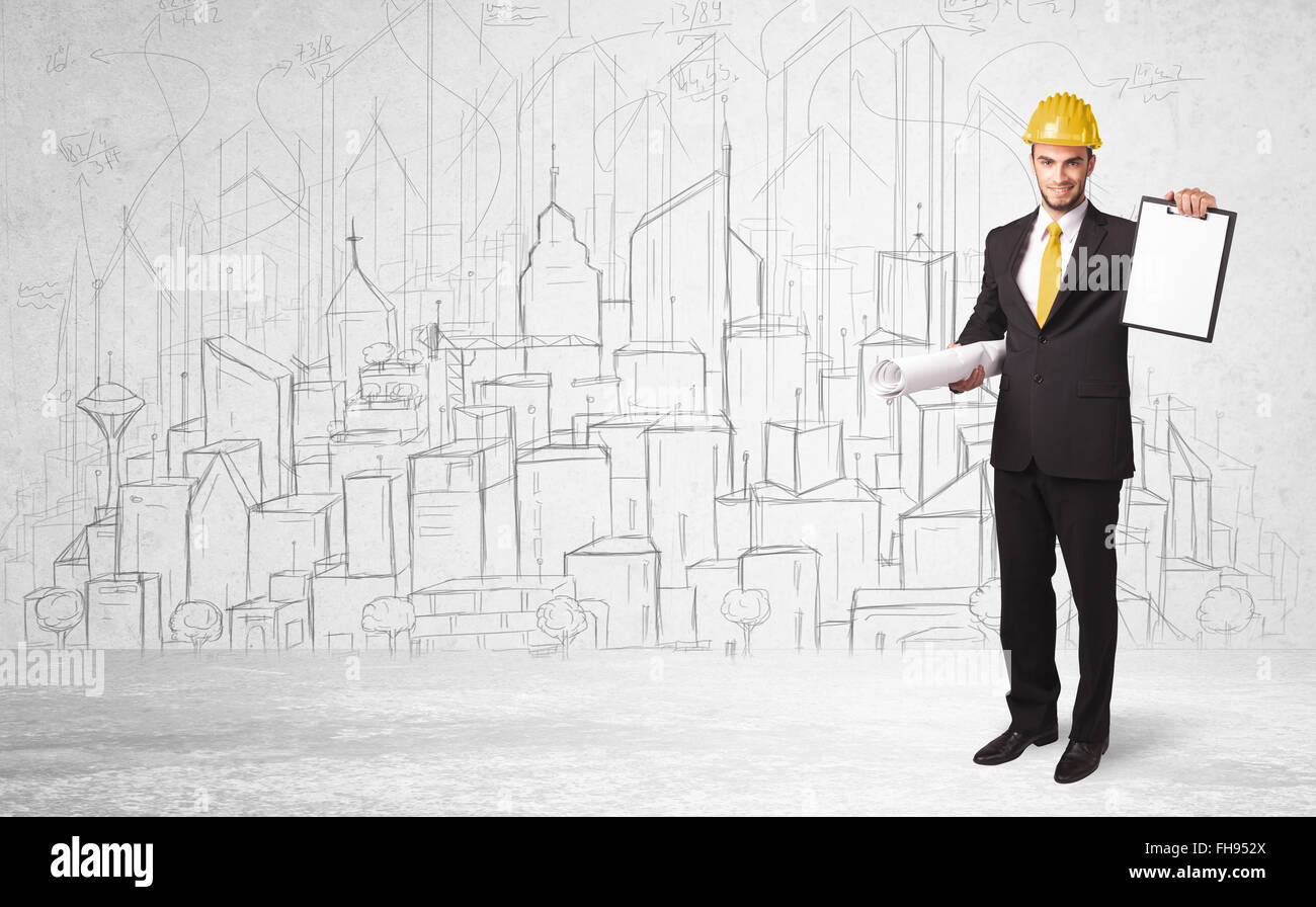 Construction worker with cityscape background Stock Photo - Alamy