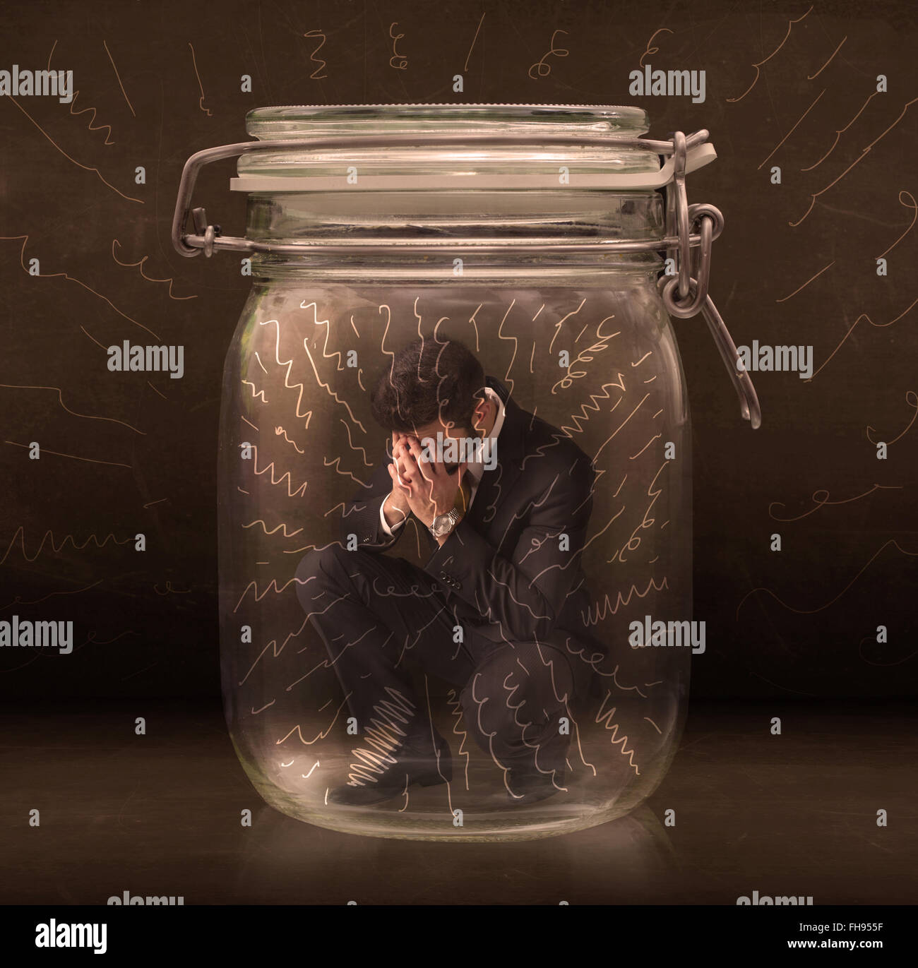 Businessman inside a jar with powerful hand drawn lines concept Stock ...