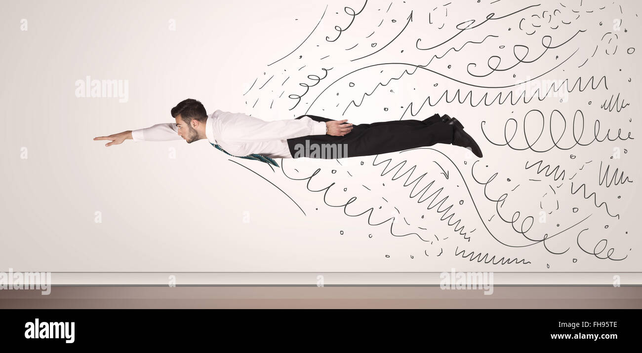Business man flying with hand drawn lines comming out Stock Photo - Alamy