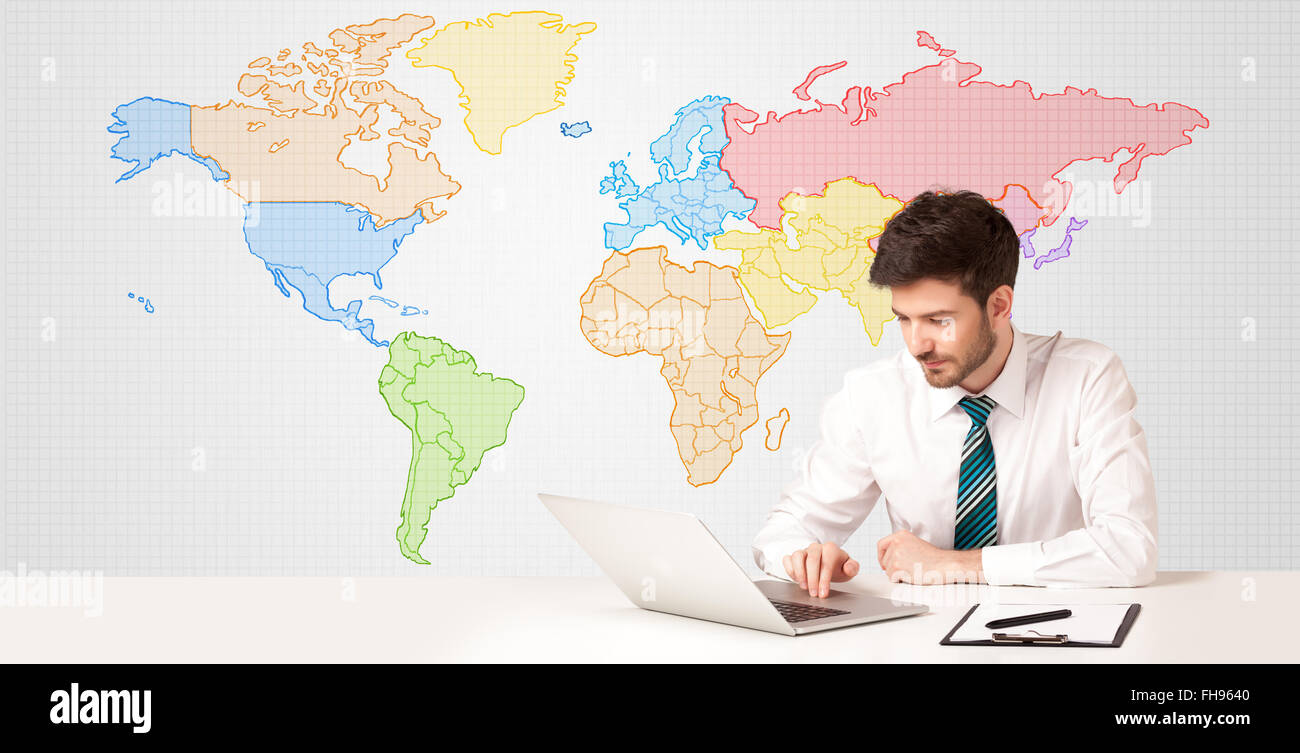 Business man with colorful world map background Stock Photo - Alamy