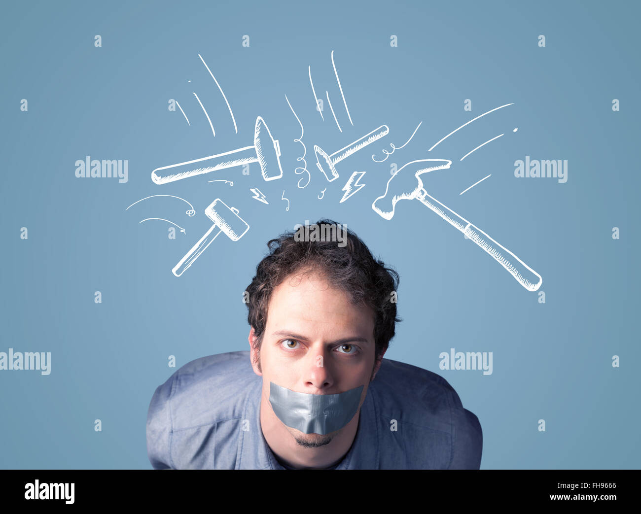 Young man with glued mouth and beating hammer marks Stock Photo - Alamy