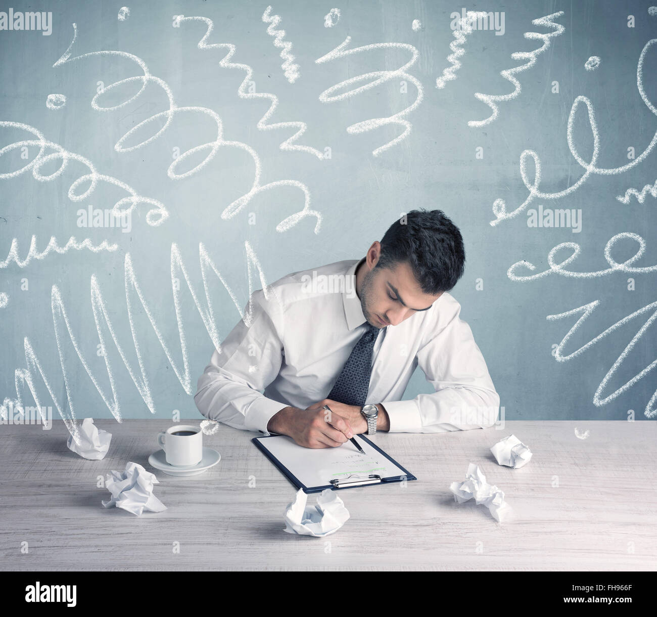 Tired office worker with drawn messy lines Stock Photo - Alamy