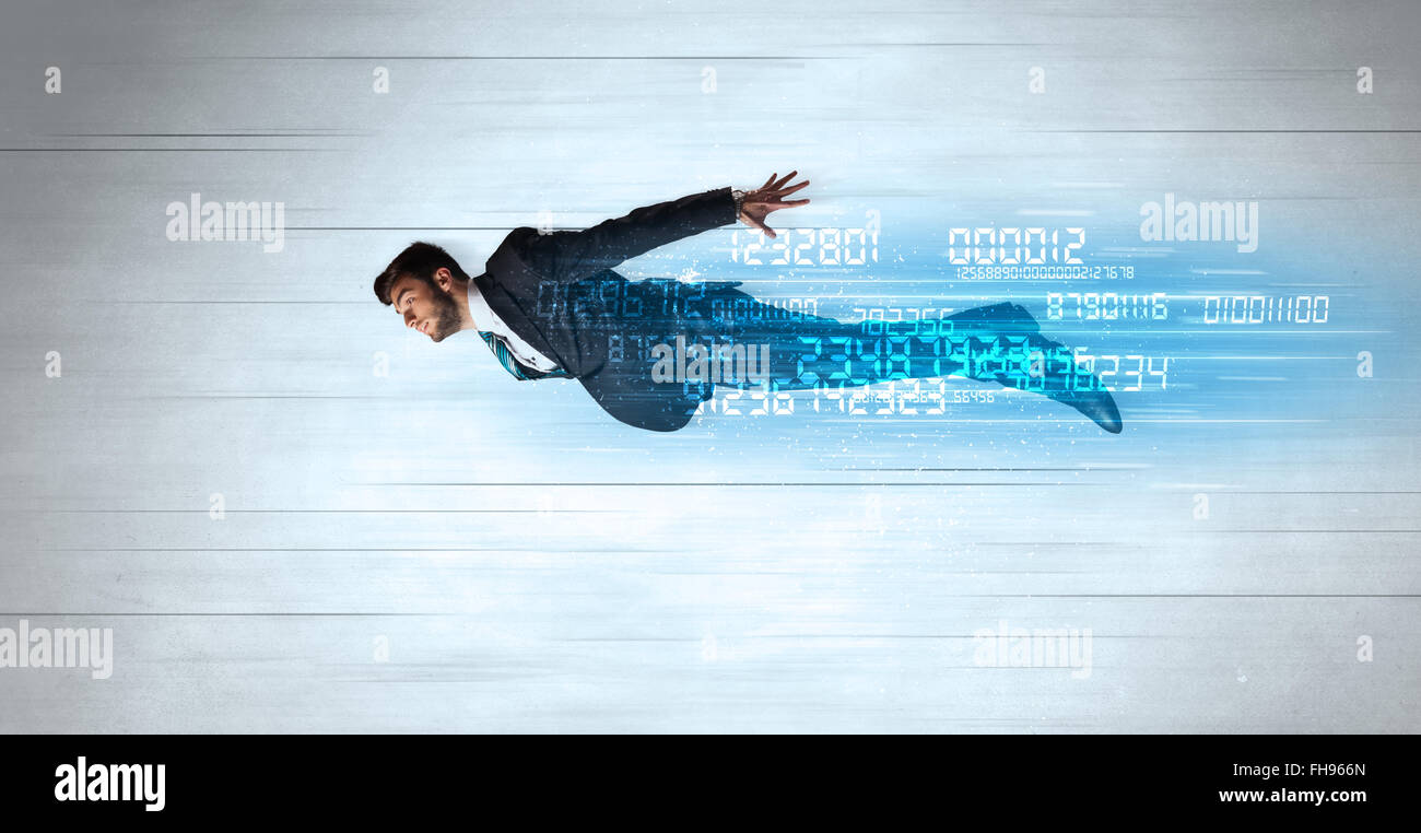 Businessman flying super fast with data numbers left behind Stock Photo ...