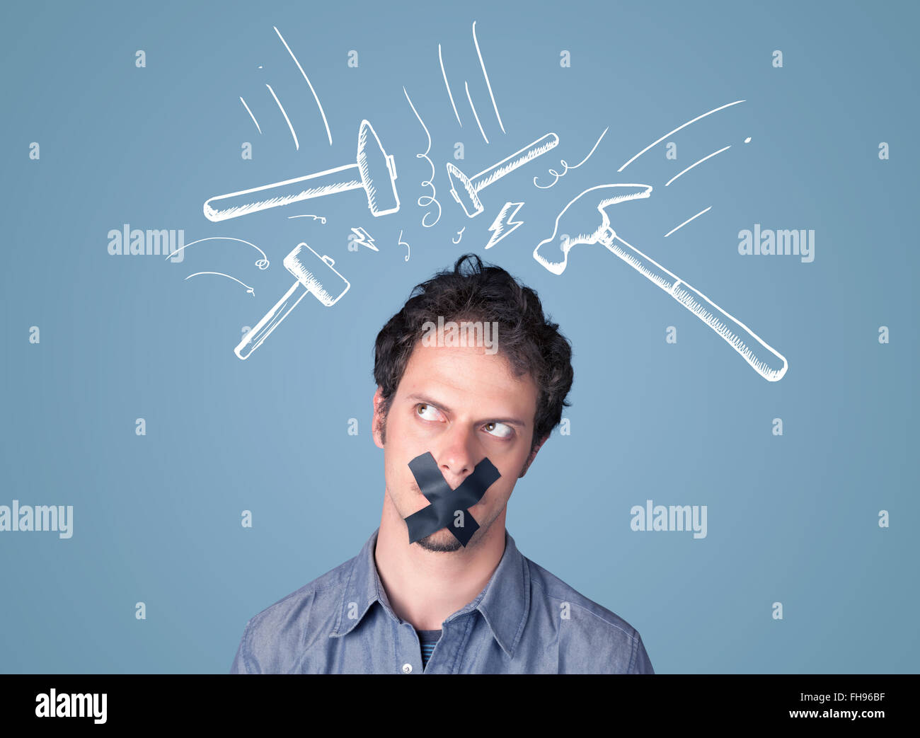 Young man with glued mouth and beating hammer marks Stock Photo - Alamy
