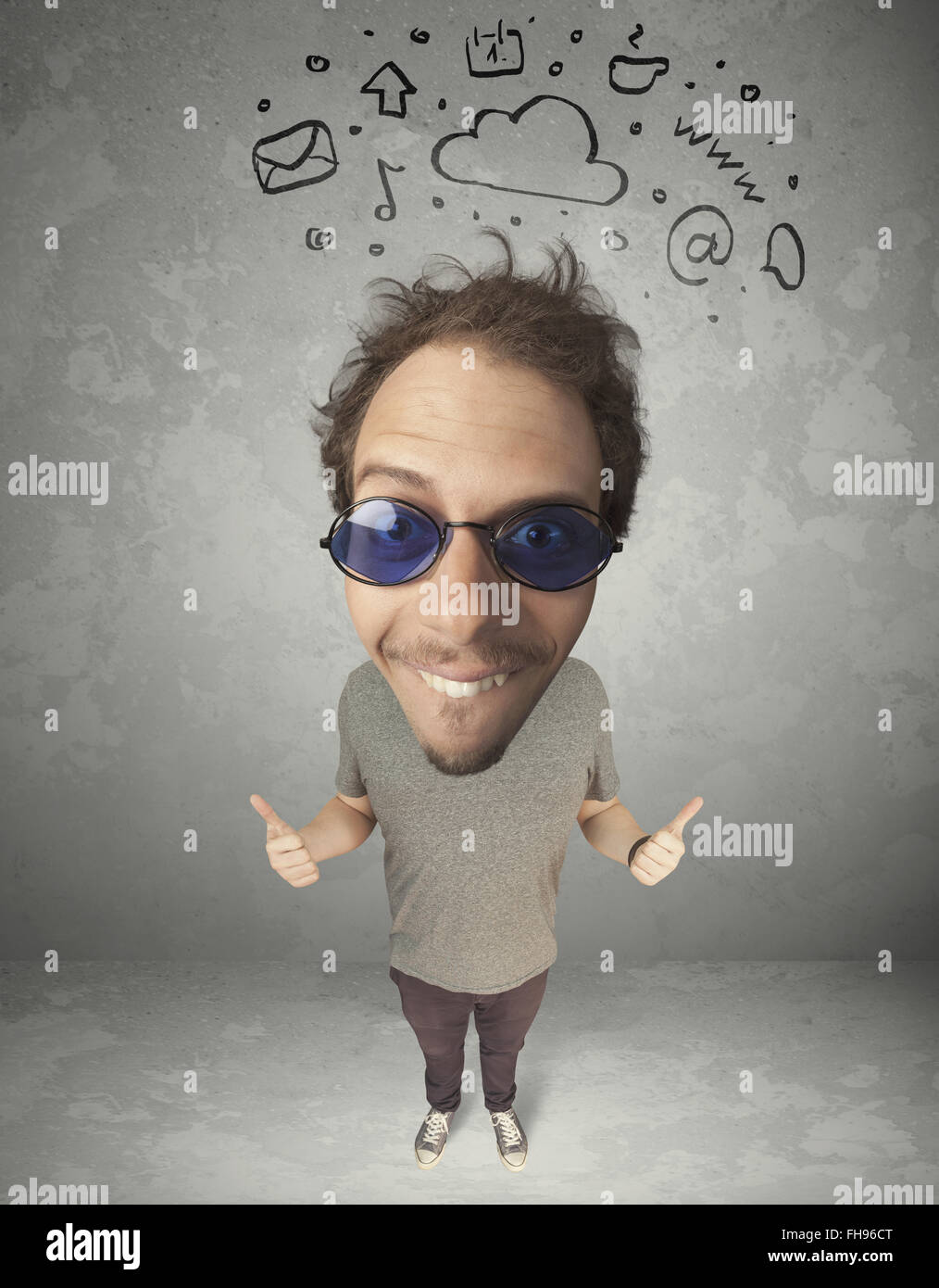 Big head person with social media marks Stock Photo - Alamy