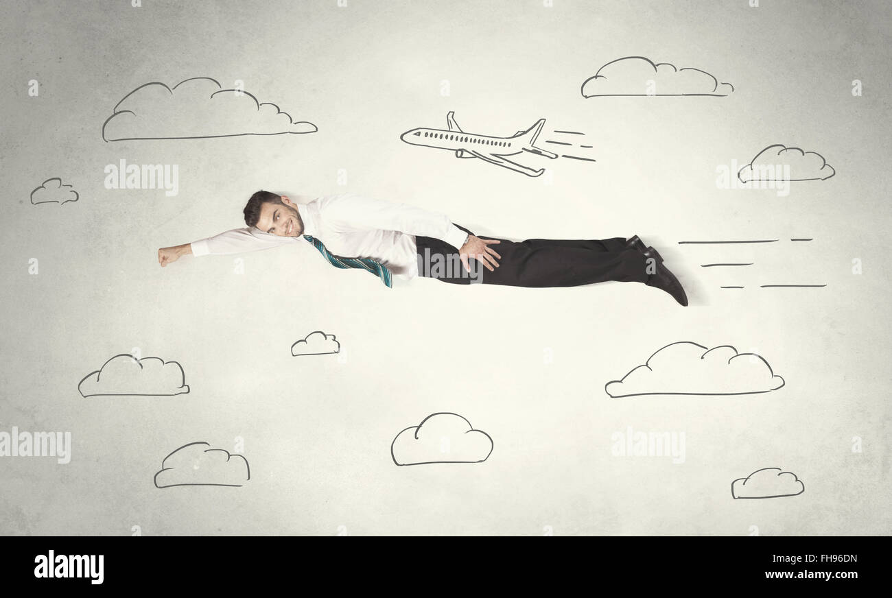Cheerful business person flying between hand drawn sky clouds Stock ...