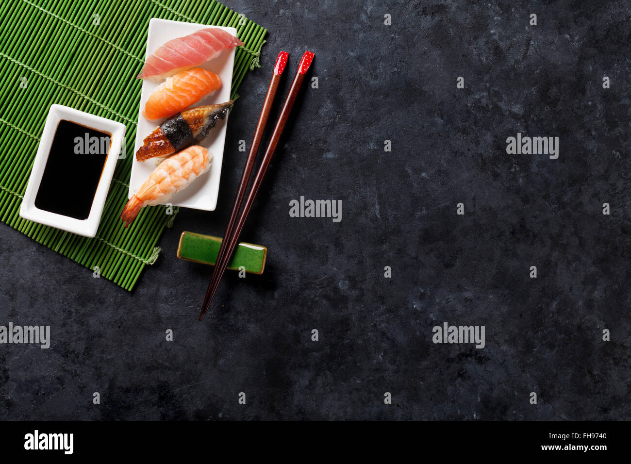 Set of sushi on stone table. Top view with copy space Stock Photo - Alamy