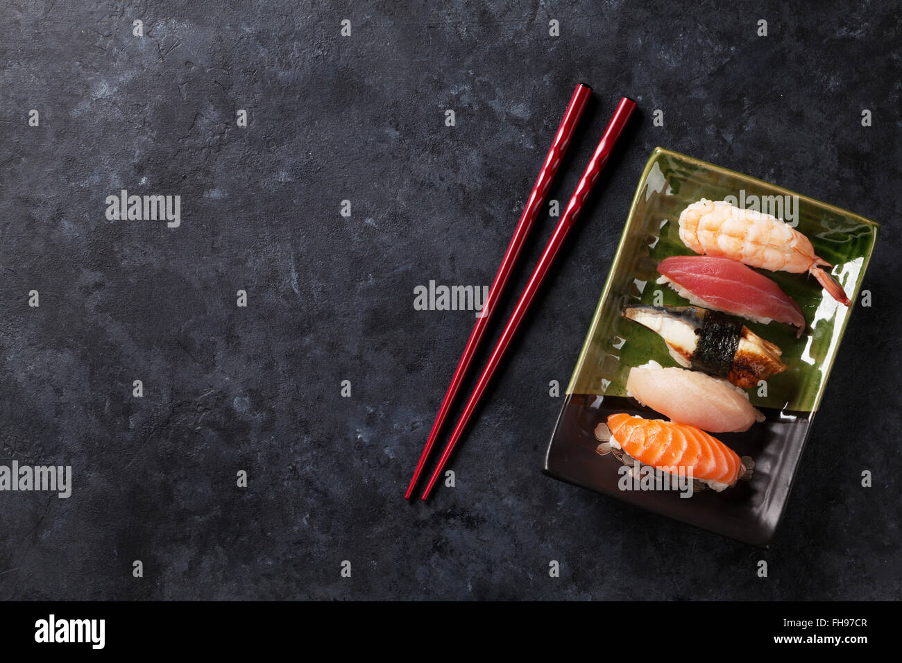 Set of sushi on stone table. Top view with copy space Stock Photo - Alamy