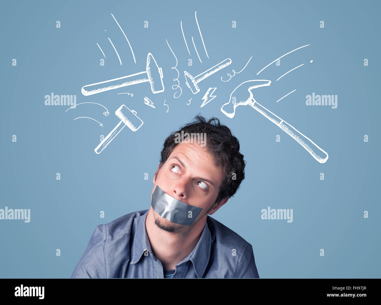 Young man with glued mouth and beating hammer marks Stock Photo - Alamy