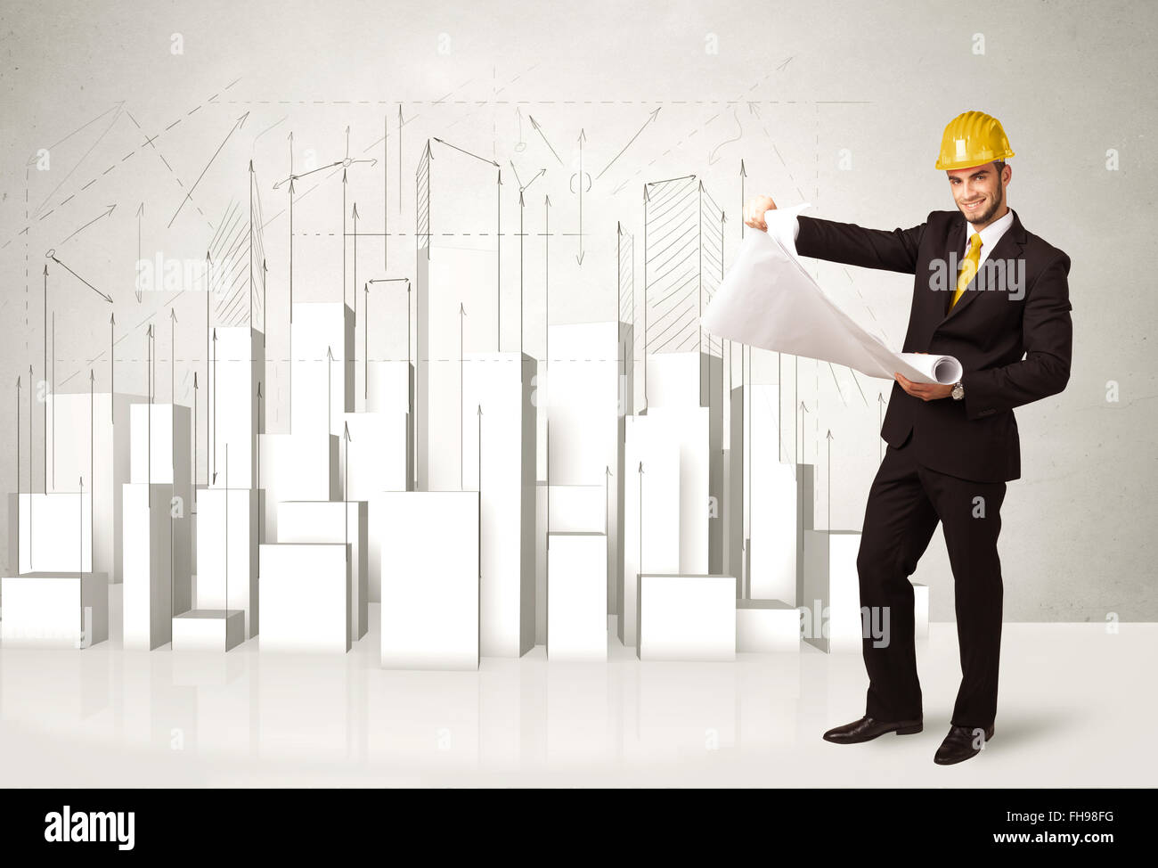Construction worker planing with 3d buildings in background Stock Photo ...