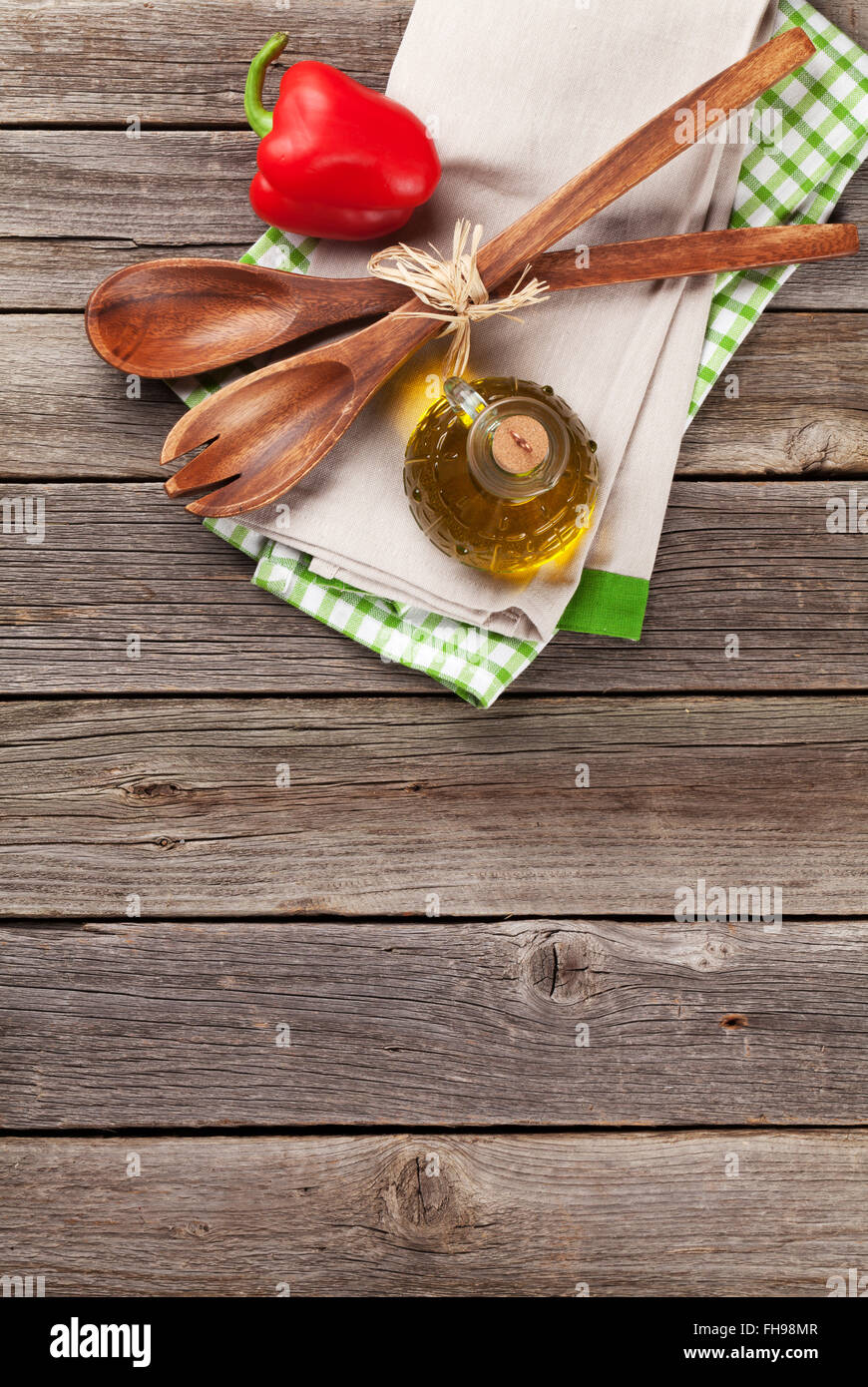 Cooking utensils and ingredients on wooden table. Top view with copy ...