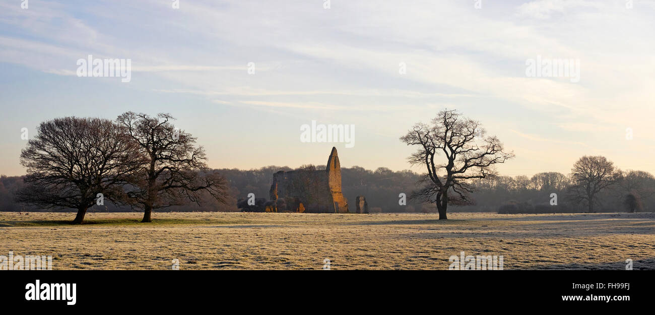 Newark Priory ruins on the River Wey Surrey on a still clear frosty ...