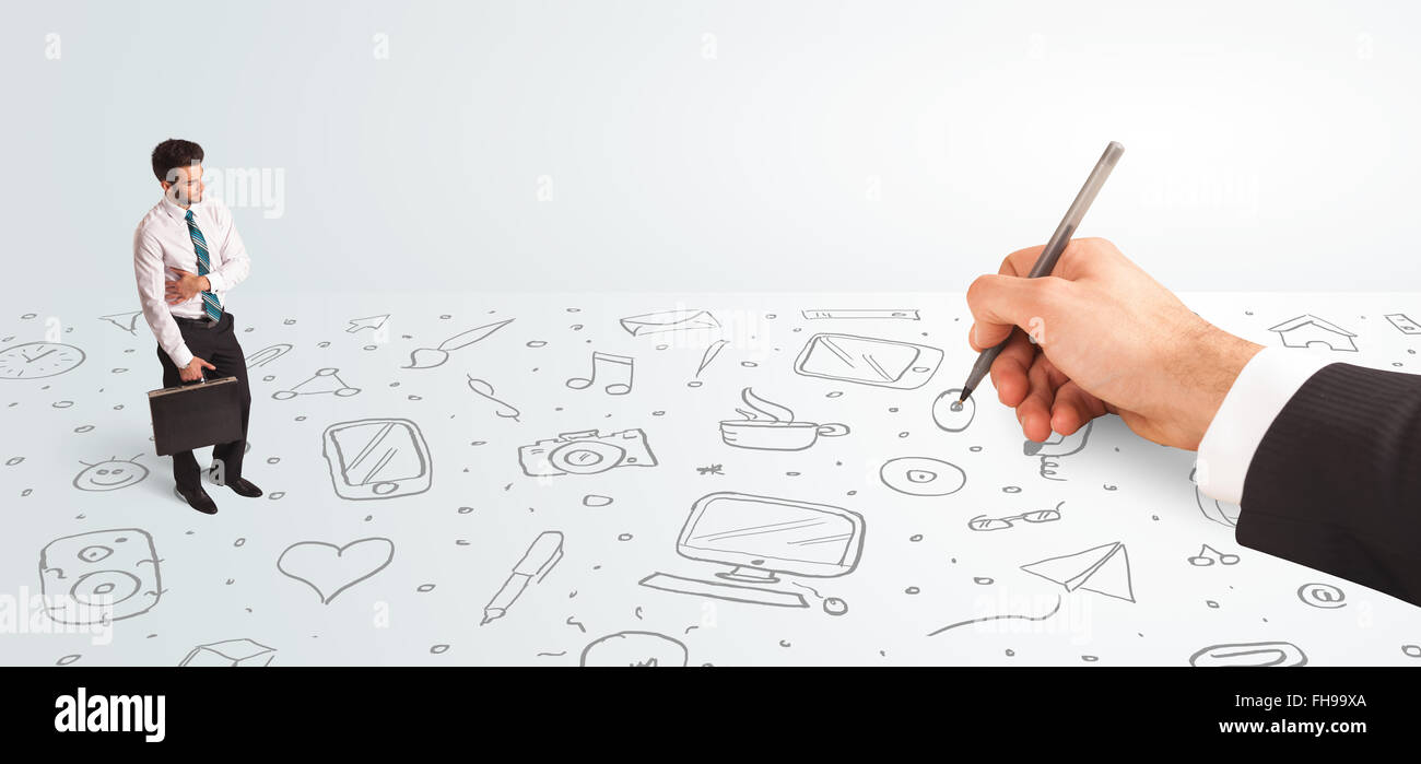 Little businessman looking at hand drawn icons and symbols Stock Photo ...