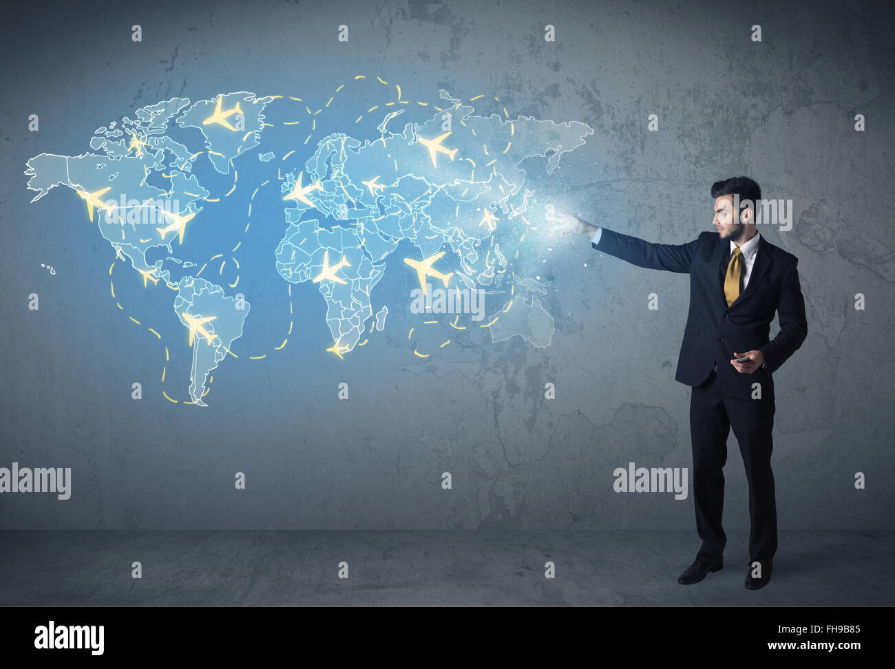 Business person showing digital map with planes around the world Stock ...
