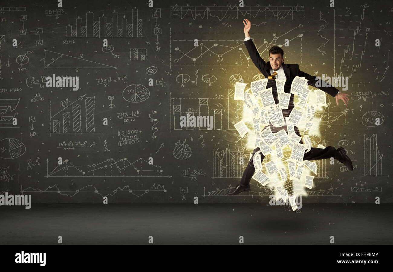 Handsome businessman jumping with paper document cloud Stock Photo - Alamy