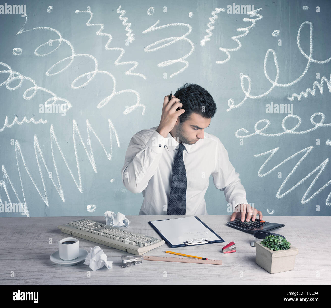 Tired office worker with drawn messy lines Stock Photo - Alamy