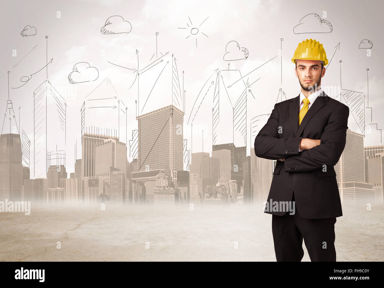 Business engineer planing at construction site with city background ...