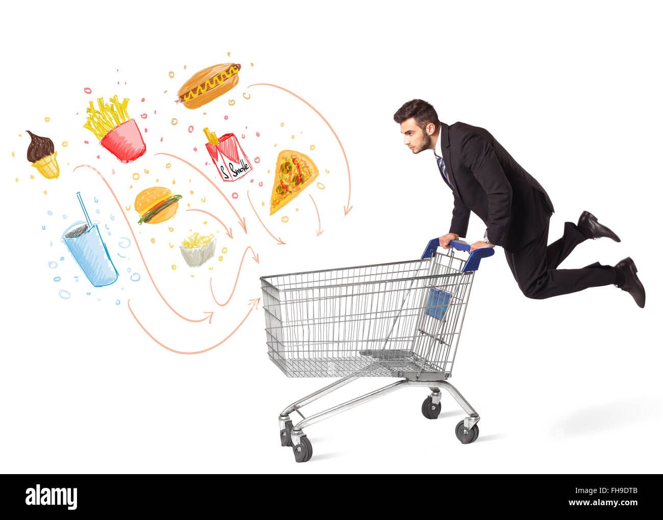Man with shopping cart with toxic junk food Stock Photo - Alamy