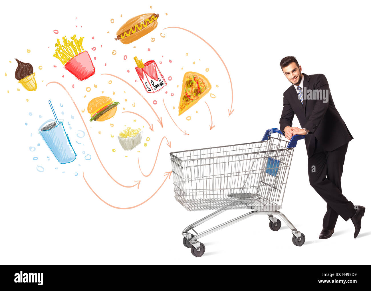 Man with shopping cart with toxic junk food Stock Photo - Alamy