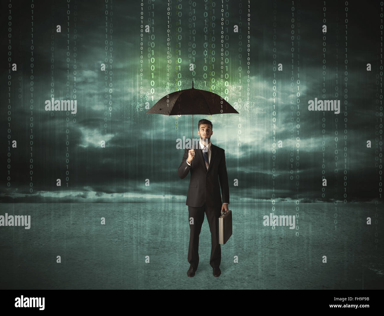 Business man standing with umbrella data protection concept Stock Photo ...
