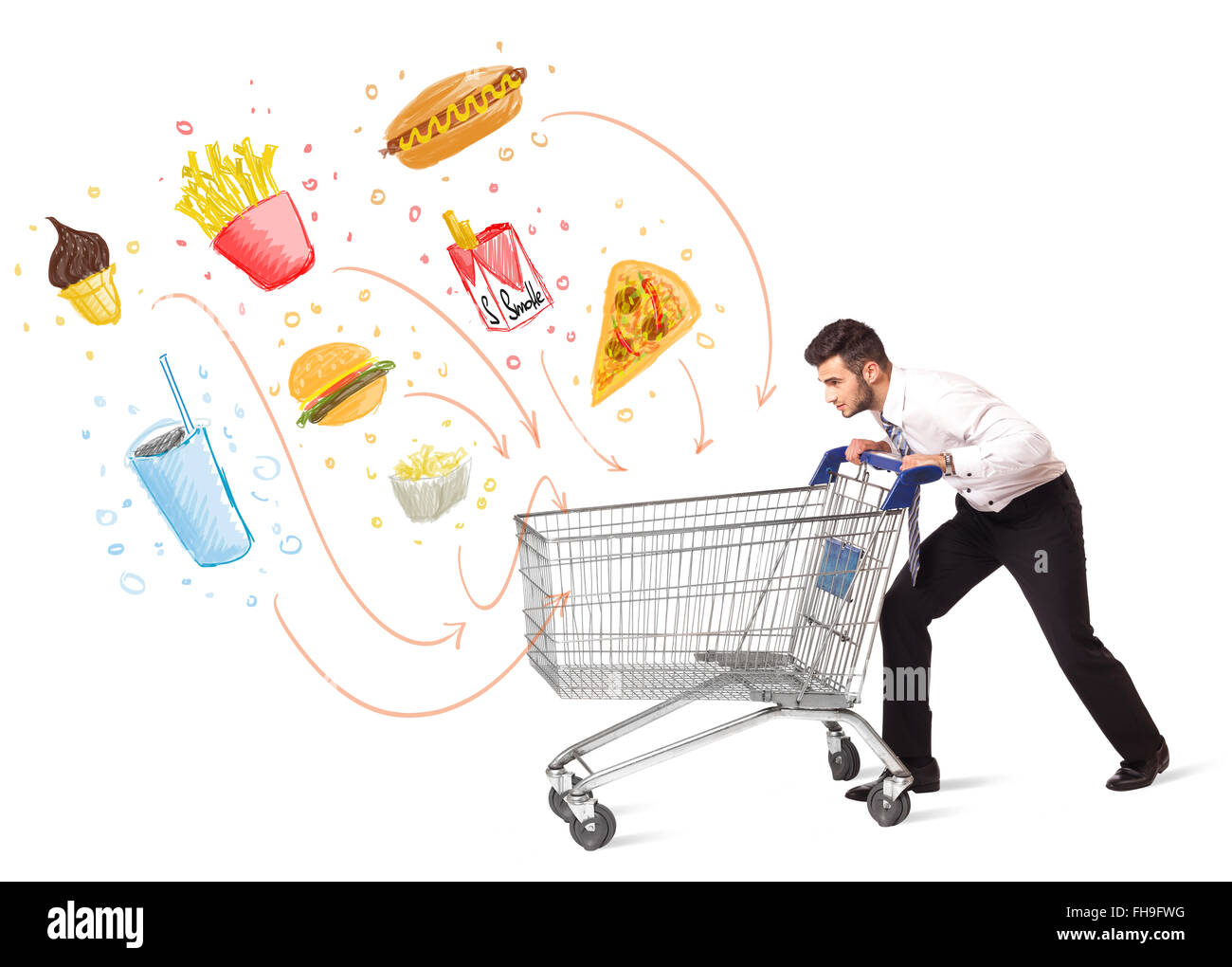 Man with shopping cart with toxic junk food Stock Photo - Alamy