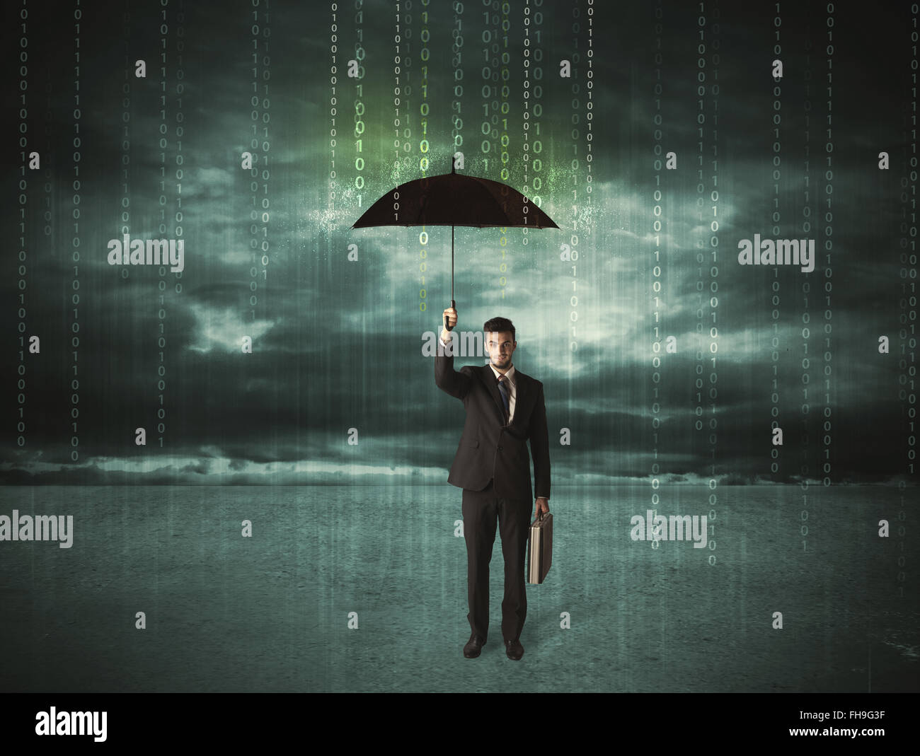 Business man standing with umbrella data protection concept Stock Photo ...