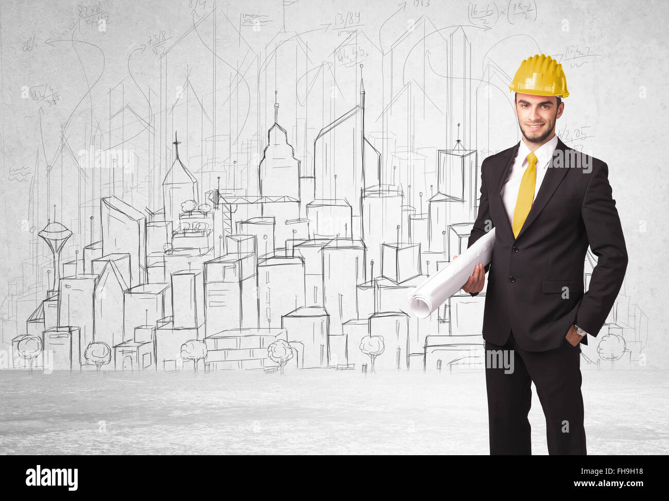 Construction worker with cityscape background Stock Photo - Alamy