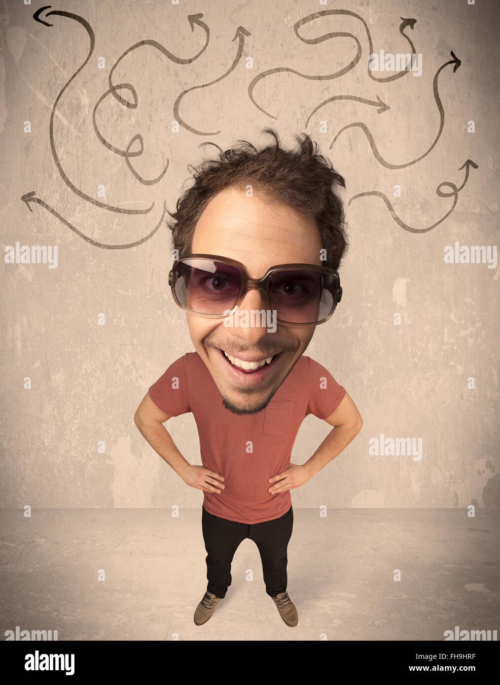 Big head person with arrows Stock Photo - Alamy